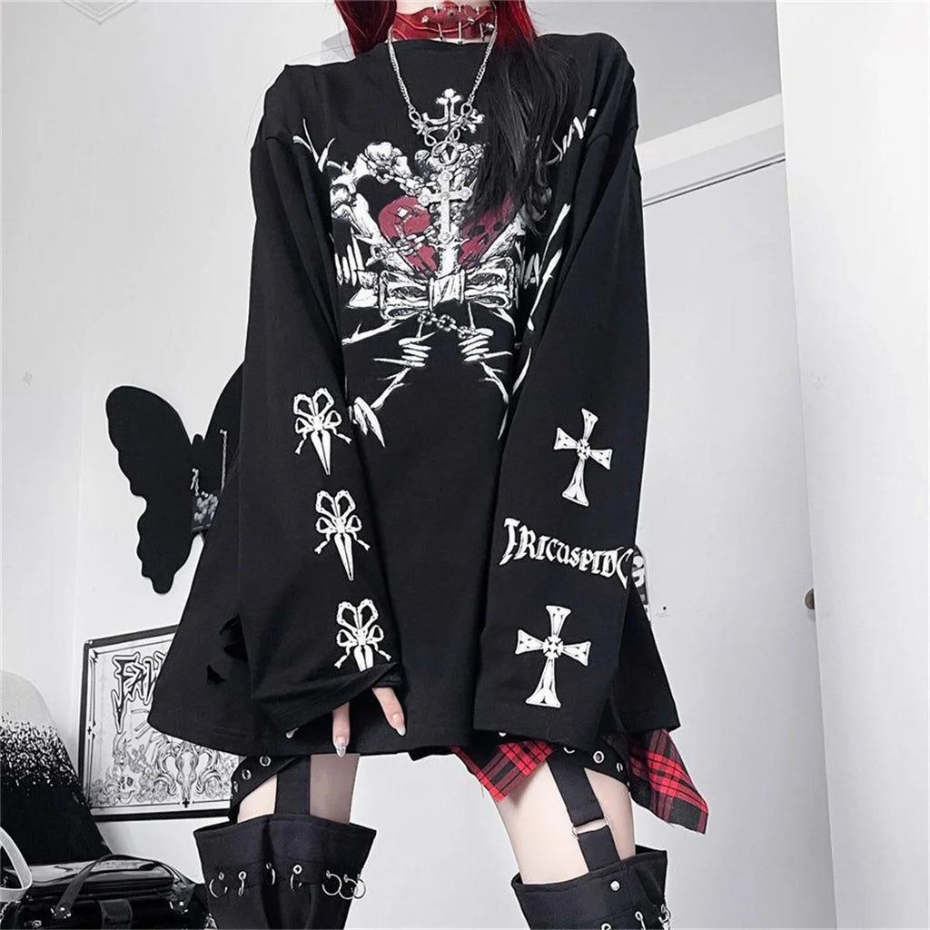 Black Trendy Alt Skull Print Subculture Long Sleeve Sweater – Rags n ...