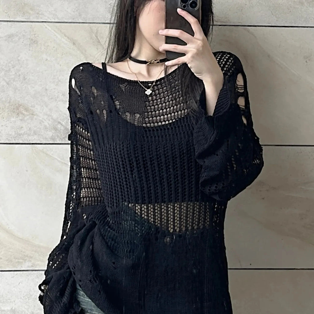 Goth 'Curse' Cosy Casual Hollow Knit Black Sweater – Rags n Rituals