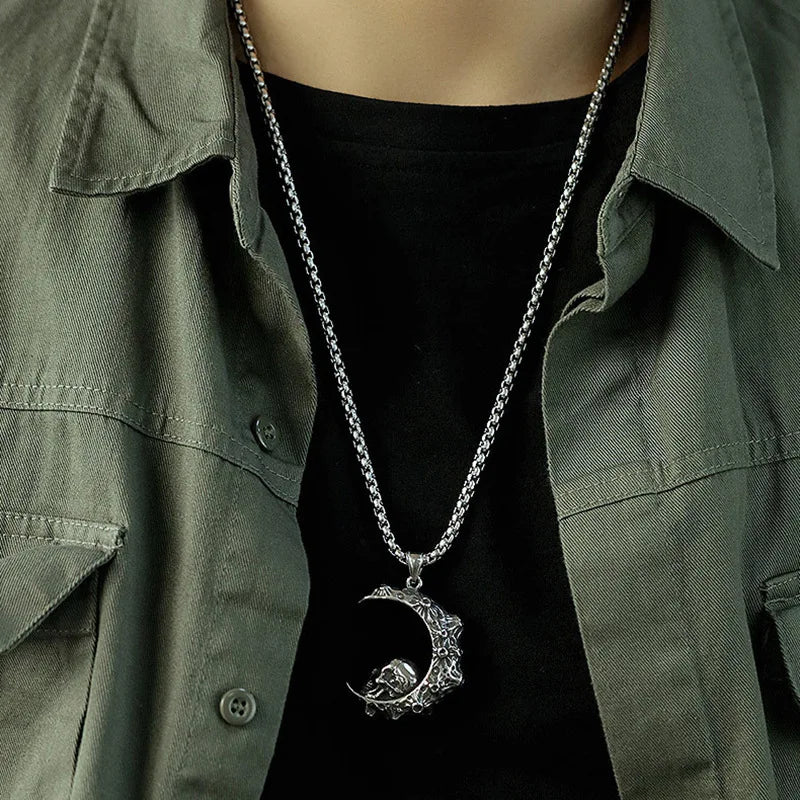 Silver Steel Skull Moon Themed Necklace – Rags n Rituals