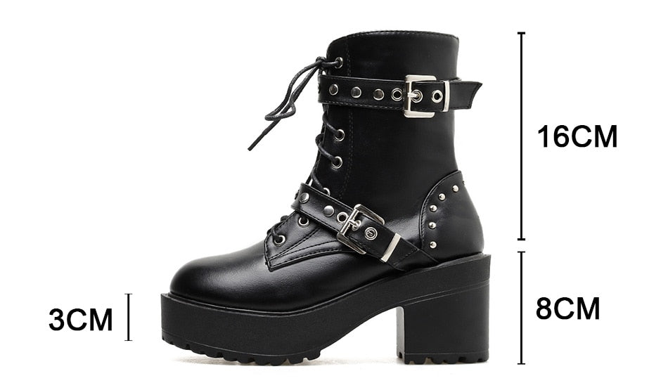 'Night Fall' Black Alt Goth Lace up Stud Buckle Boots at $59.99 USD l ...