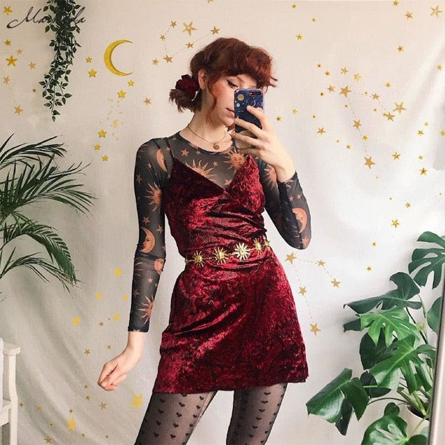 'Celestial Sunset' black mesh moon and star top – Rags n Rituals